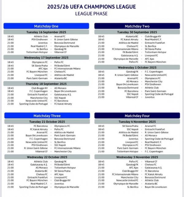 2025/26 UEFA Champions League Fixtures: Full Schedule and Key Matches ...